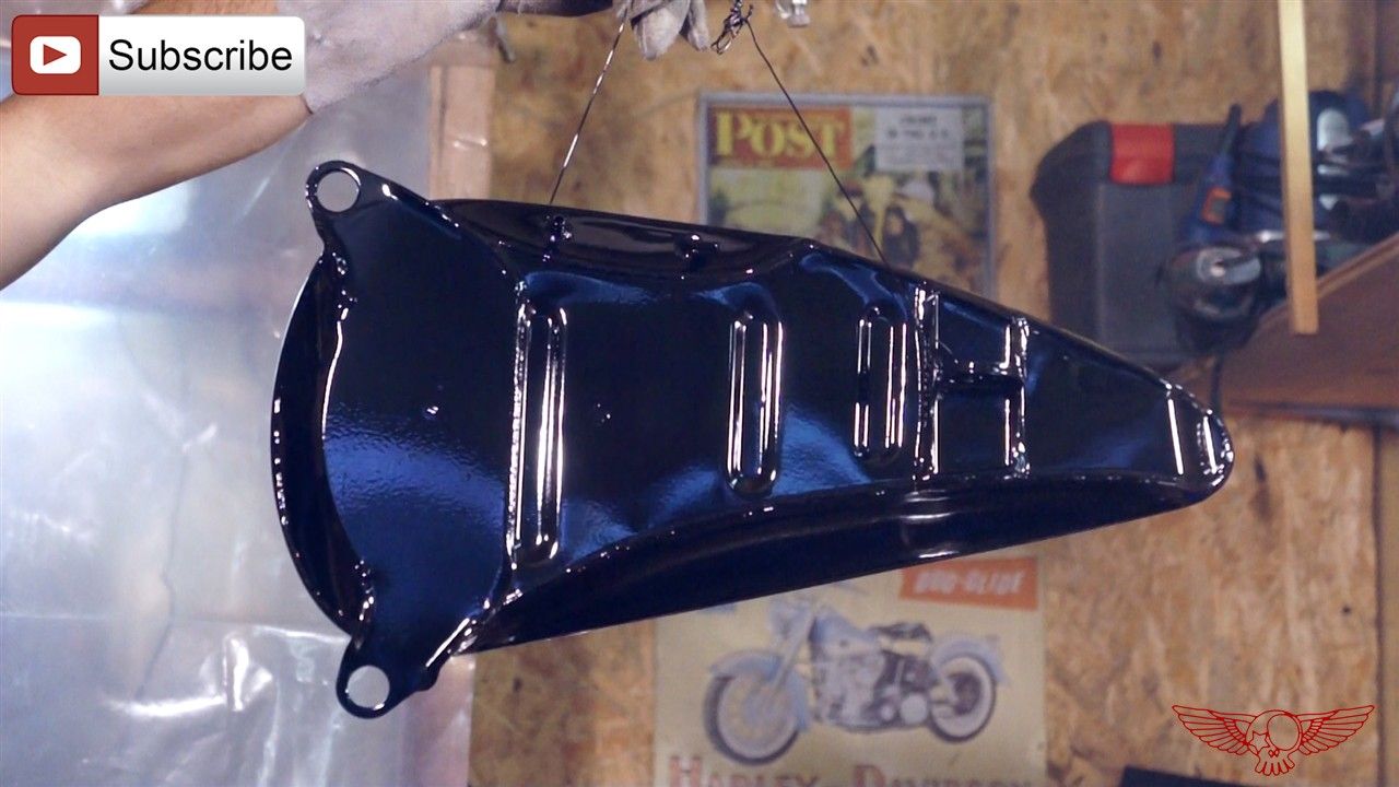 16 Two tone powder coating on a Harley gas tank